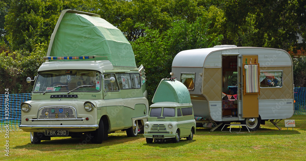 Classic Bedford Camper Van with Caravan - Trailer and mini Camper Van ...