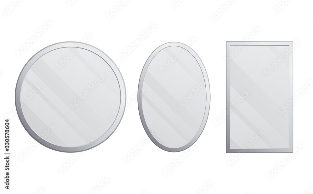 Vector set realistic mirrors. Metal round and rectangular mirror frame ...