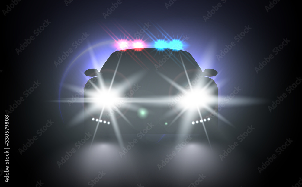 Police car with flashing light realistic composition night urban ...