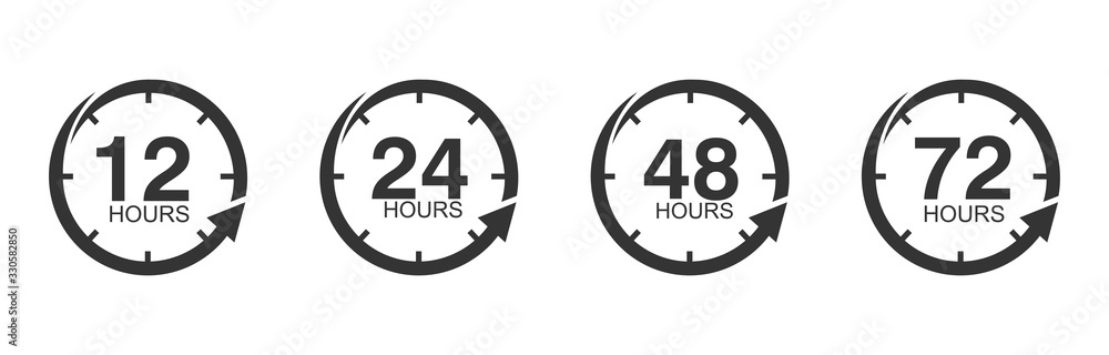 12, 24, 48 and 72 hours clock arrow. symbol work time, delivery and ...