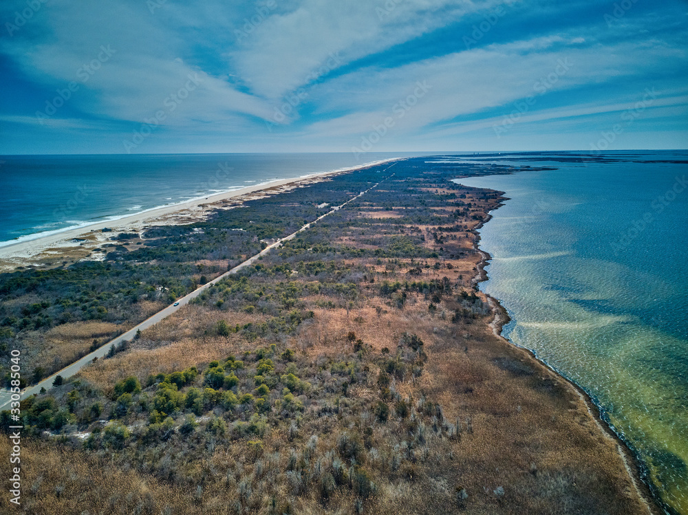 Aerial Drone image looking south towards the Barnegat Inlet at New ...
