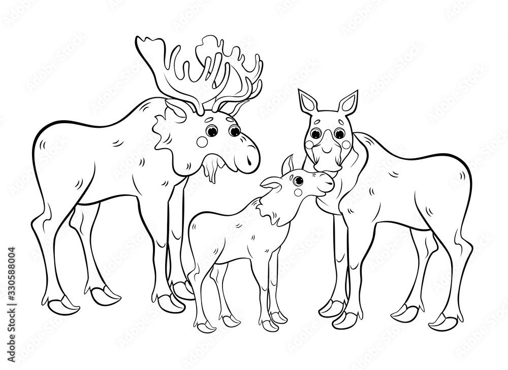 Vecteur Stock Cute cartoon moose family vector coloring page outline ...