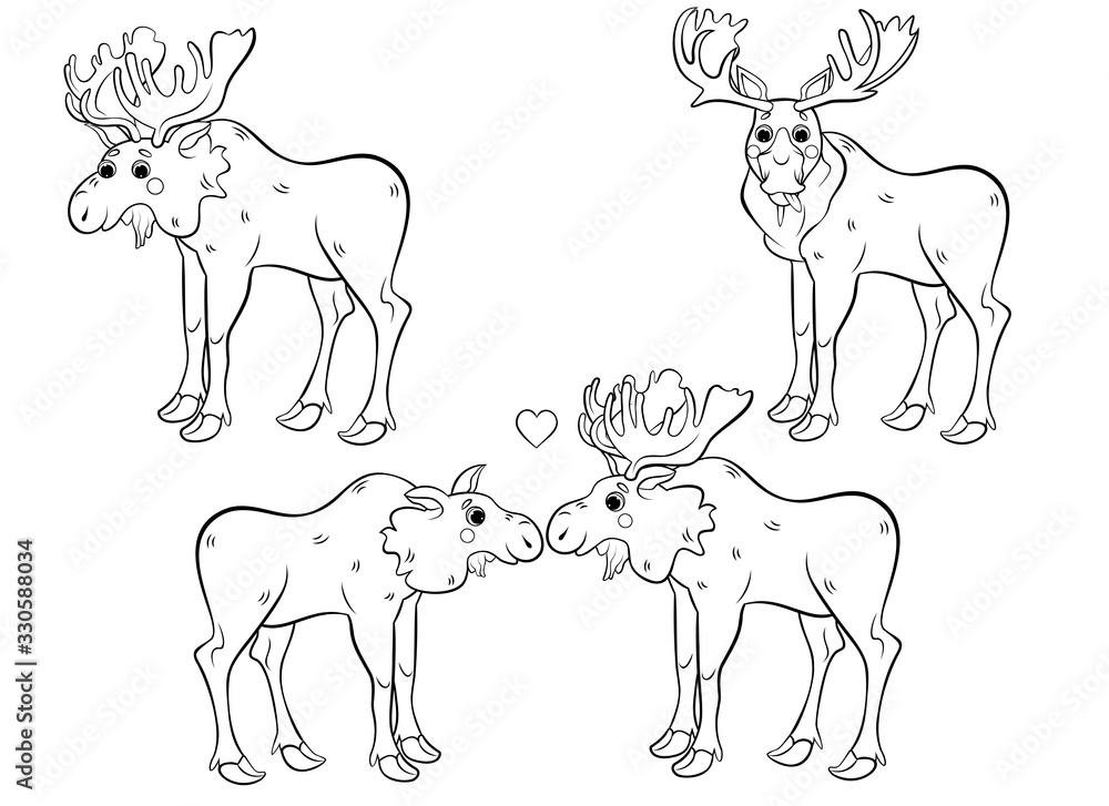 Coloring page outline of cute cartoon wild moose. Moose in different ...