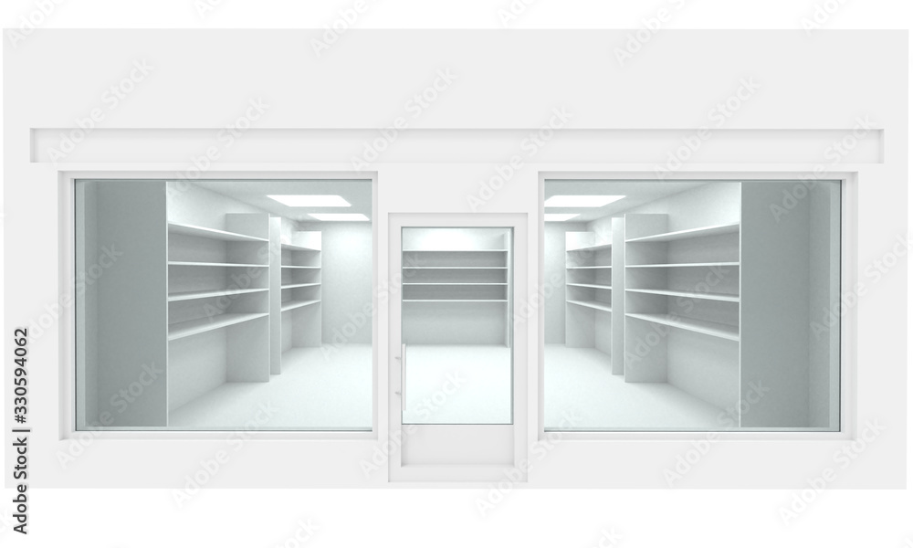 White storefront blank showcases. Empty new shop facade interior, clean ...