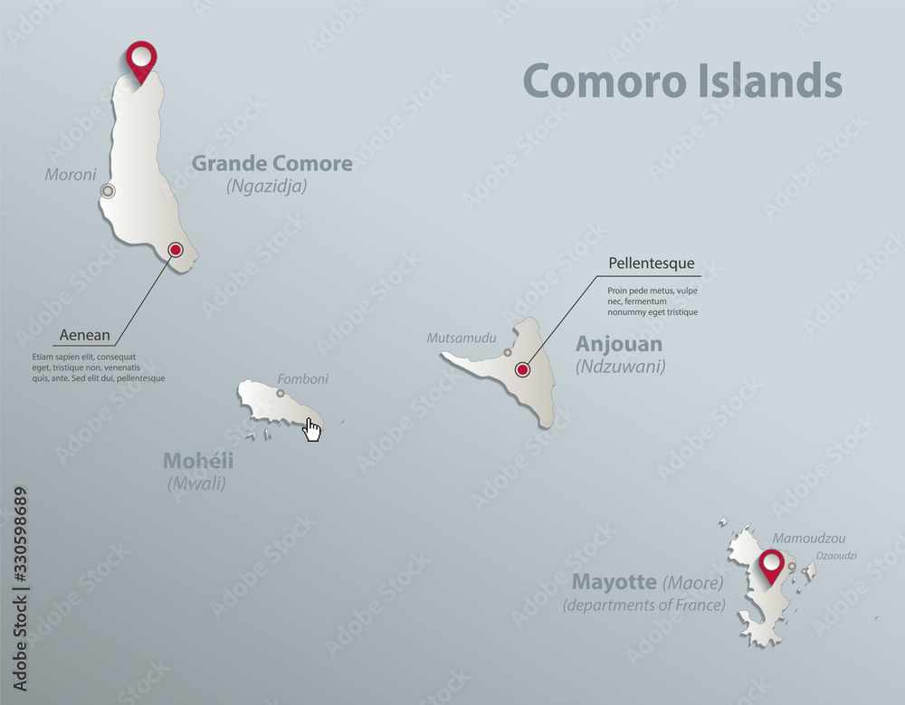 Comoro islands map and names city, blue white card paper 3D vector ...