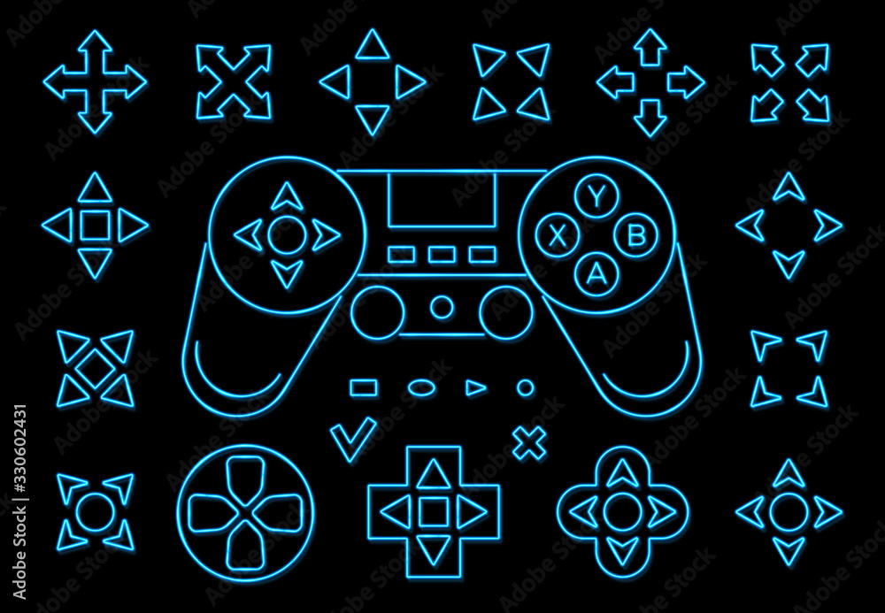 Neon light game ui sign set on black background. Blue arrow cursor ...