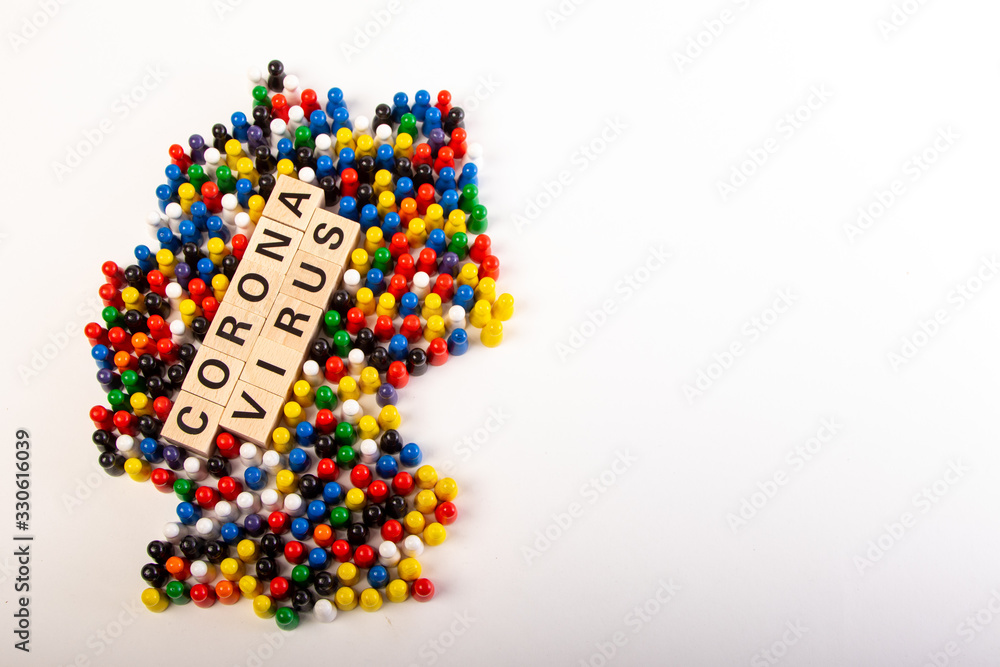 Map of Germany with text corona virus in the middle, in several colors ...