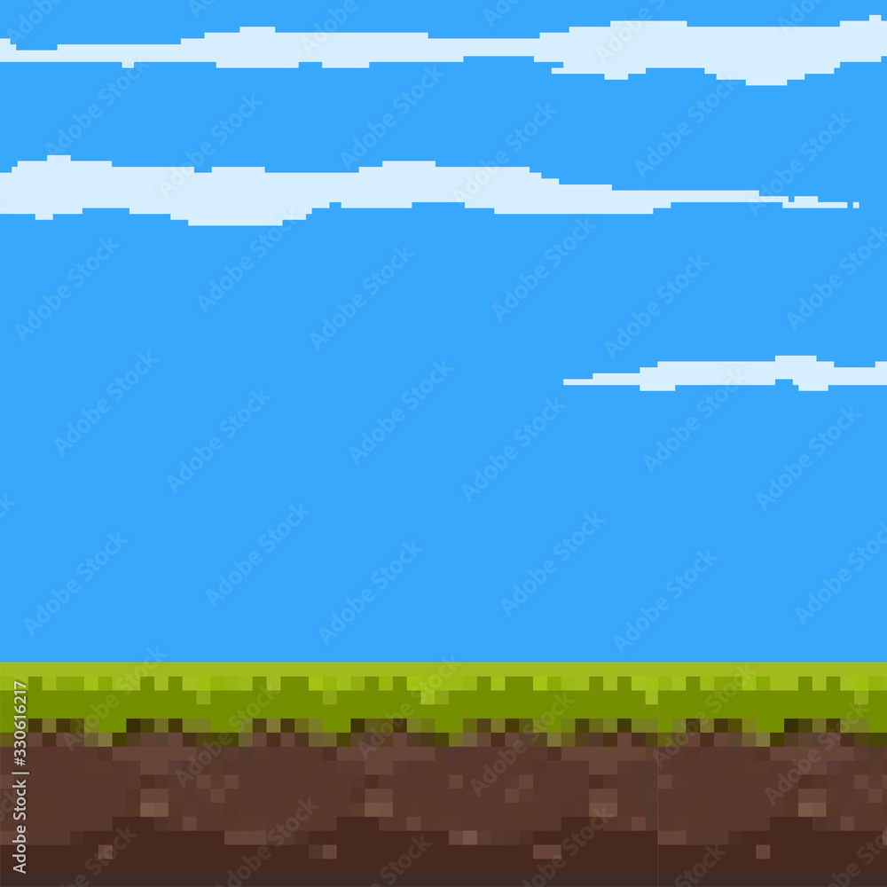 Pixel art game background. Ground, grass, sky and clouds. Pixel art ...