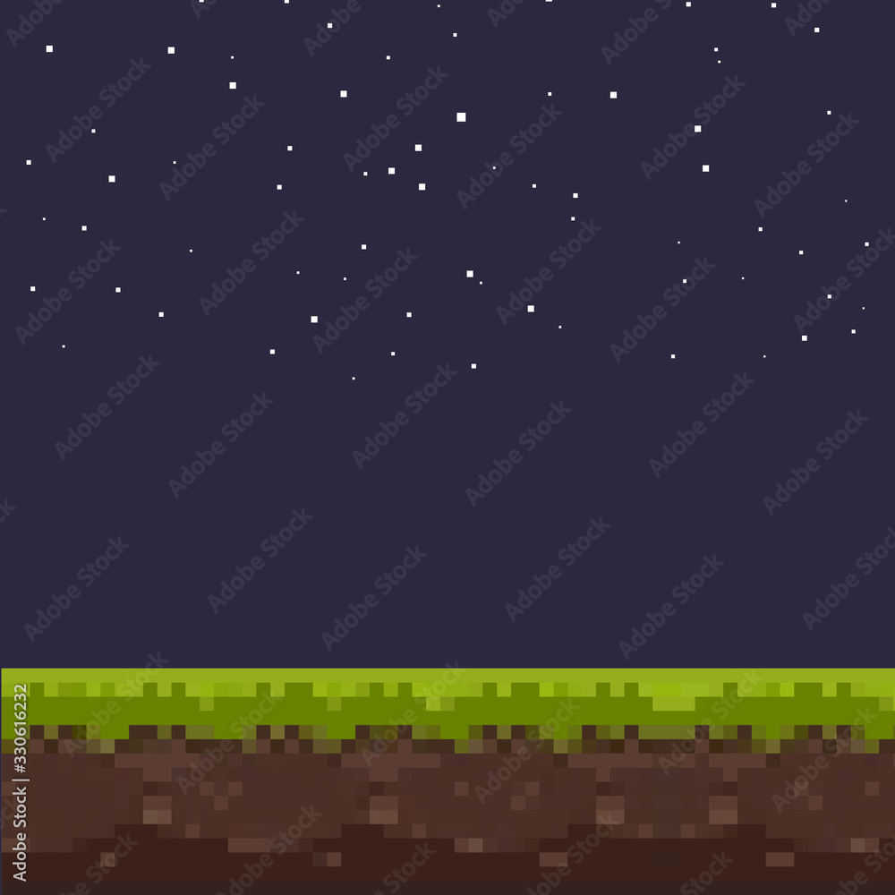 Pixel art game background. Ground, grass, sky and clouds. Pixel art ...