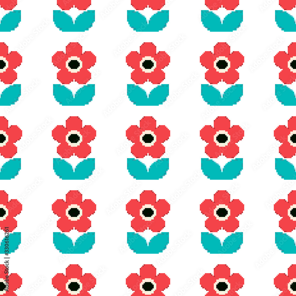 Seamless retro pattern with flowers. Vector illustration in pixel art ...