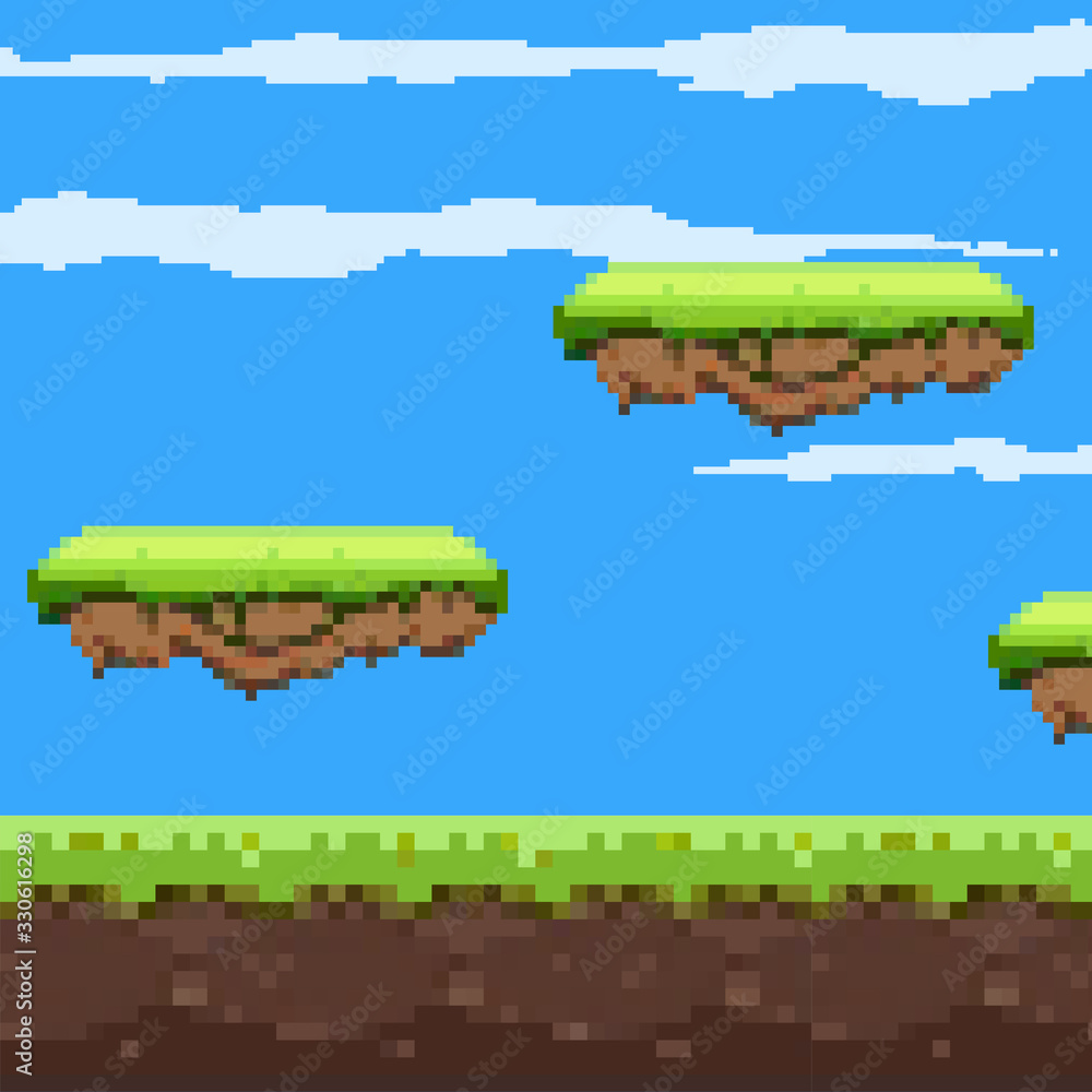 Pixel art game background. Ground, grass, sky and clouds. Pixel art ...