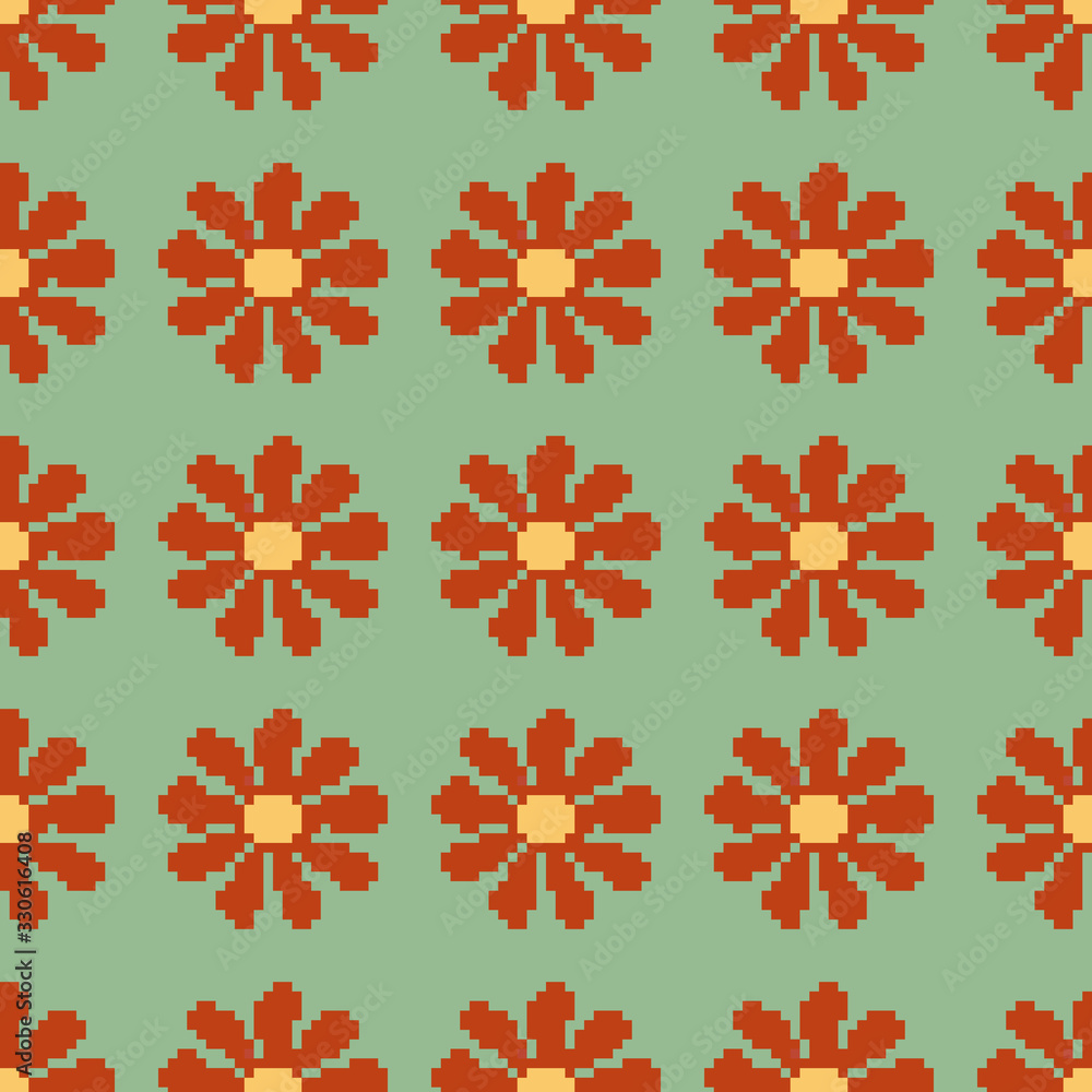 Seamless retro pattern with flowers. Vector illustration in pixel art ...