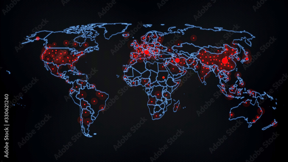 Coronavirus Global Pandemic World Map. Based on real data each red dot ...