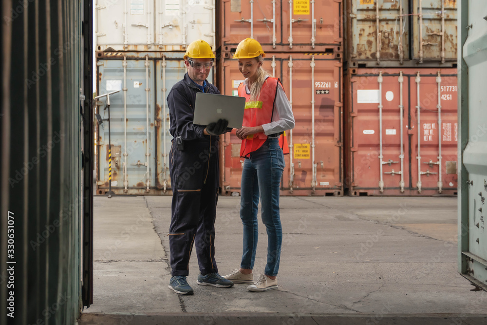 industrial background of containers cargo inspector working with ...