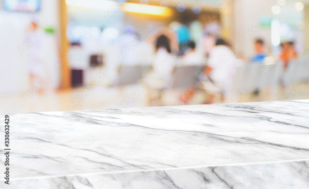 Healthty background.Empty diagonal white marble table with blur patient ...