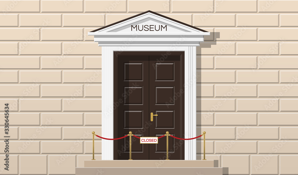 classical museum facade entrance door closed sign golden barrier rope ...