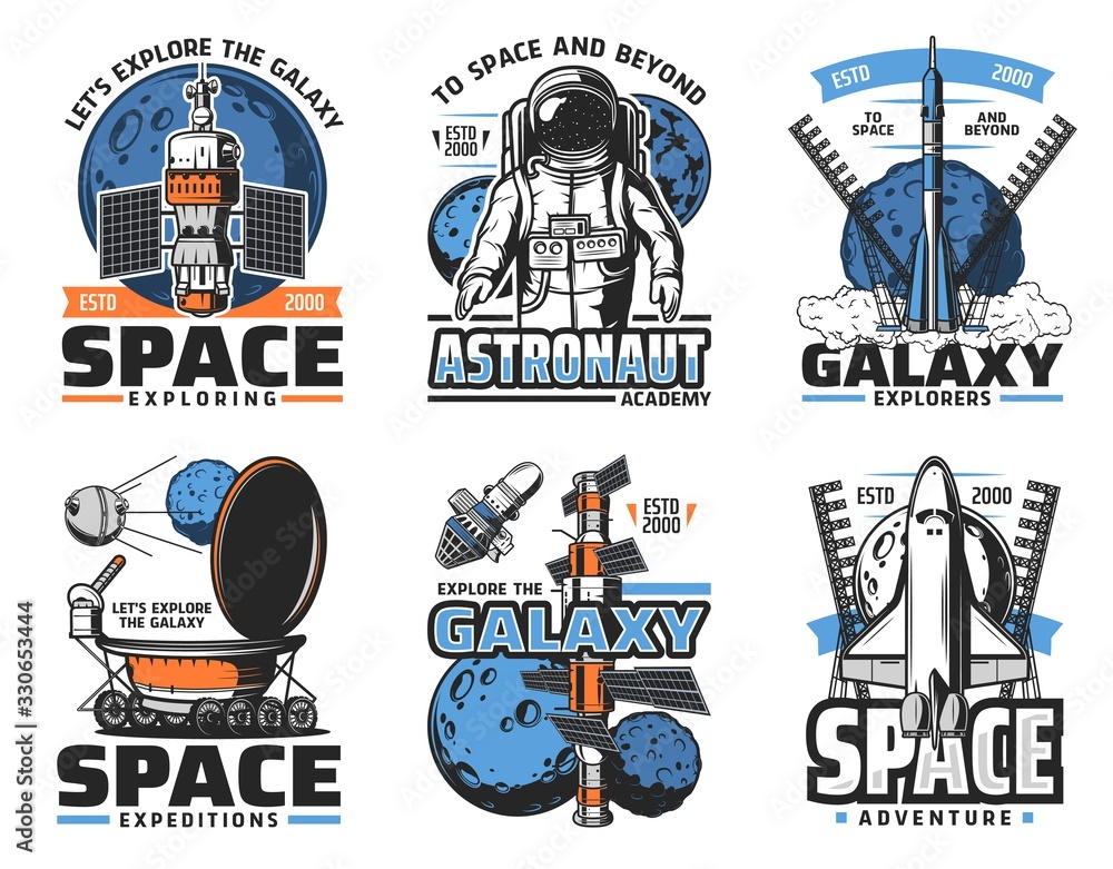 Space icons with astronaut, rockets and galaxy planets, astronomy and ...