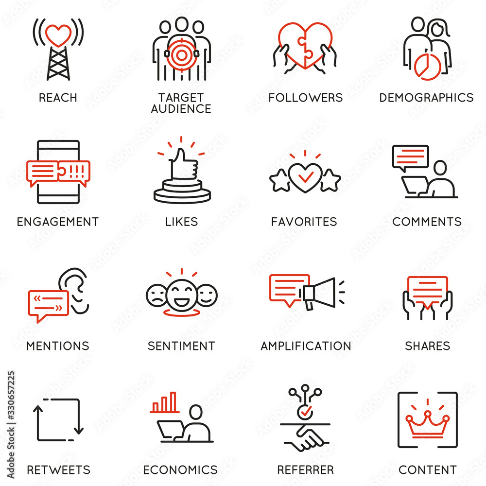 Vector set of linear icons related to influence marketing and social ...