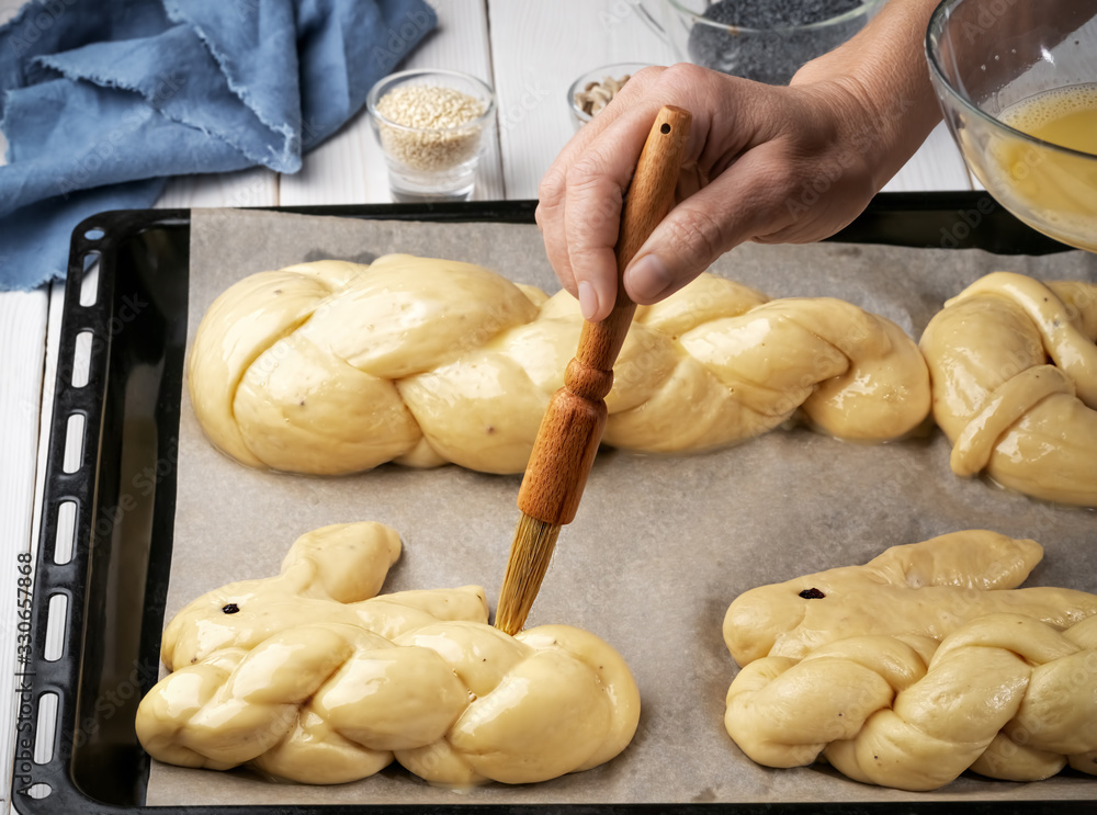 Easter pastries, challah, rabbit-shaped buns. Proofing baking before ...