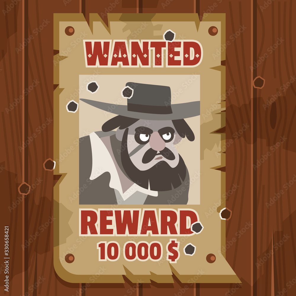 Vetor de Wanted for reward poster. Portrait of cowboy robber. Western ...
