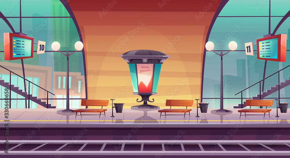 Railway station, empty railroad platform for train with glass dome ...