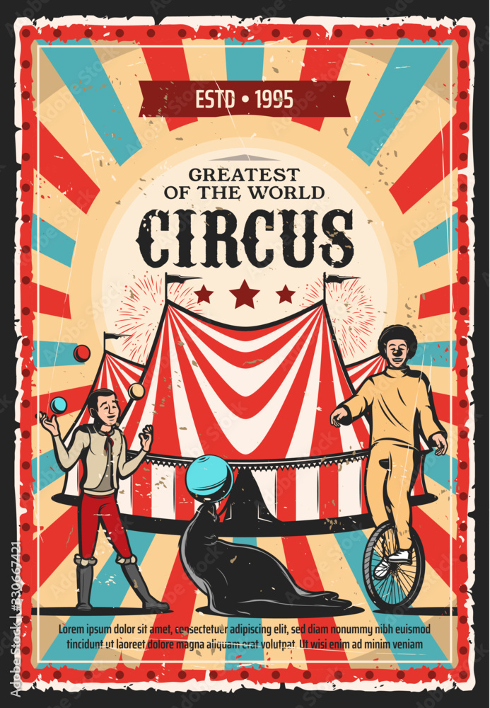 Circus top tent with clown, acrobat and trained animal vector design of carnival show. Juggler ...