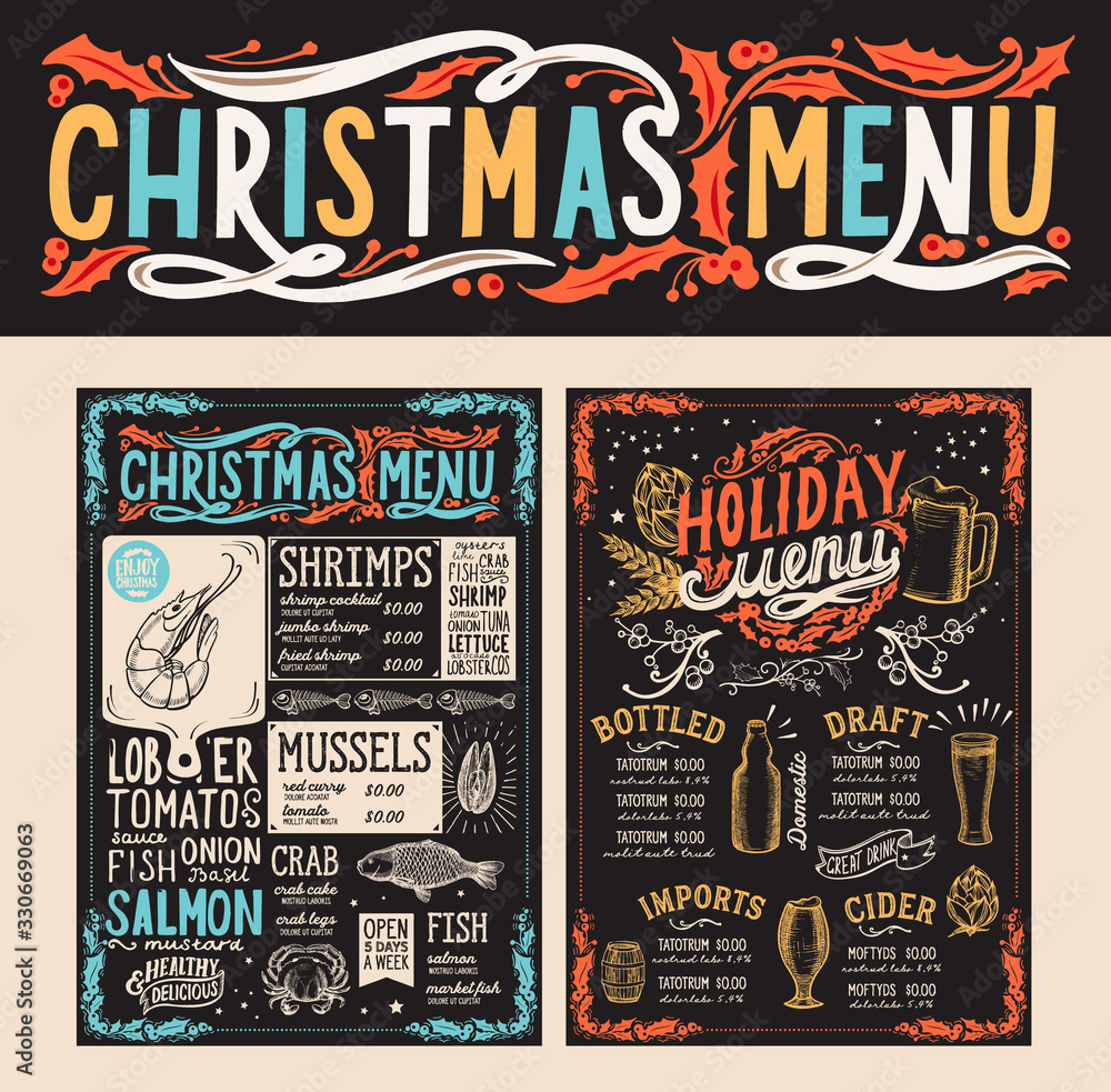 Christmas and New Year food menu template for restaurant. Vector ...
