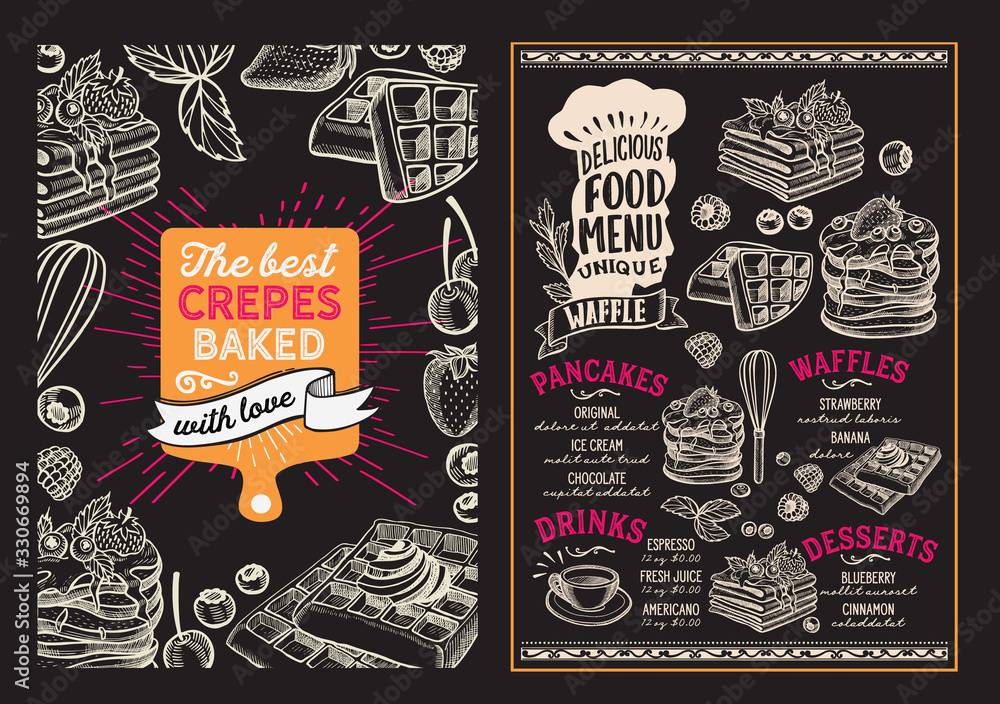 Waffle and pancake food menu template for restaurant with lettering ...