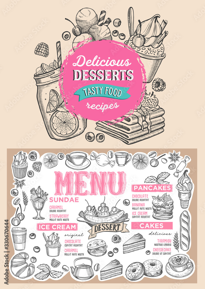 Dessert menu food template for restaurant with doodle hand-drawn ...