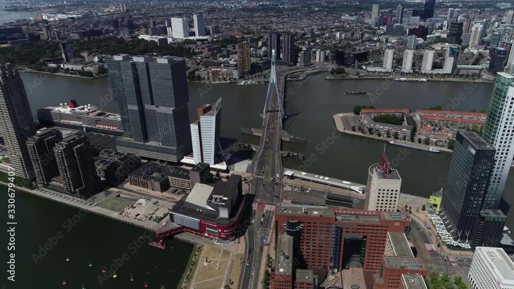 High altitude aerial view of Rotterdam city centre showing the cable ...