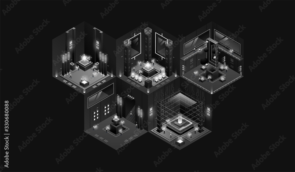 dark laboratory interior. Data visualization. futuristic industrial ...