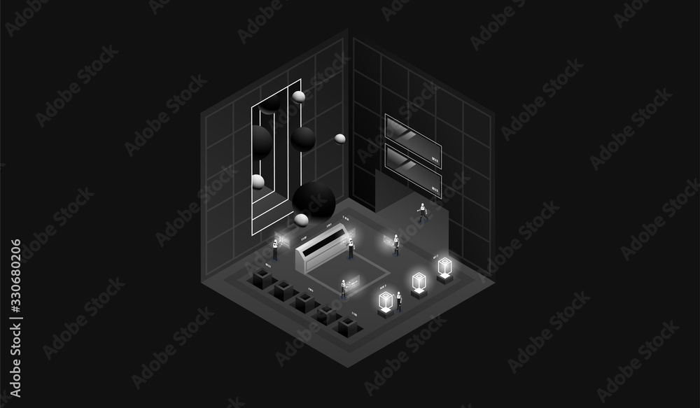 dark laboratory interior. Data visualization. futuristic industrial ...