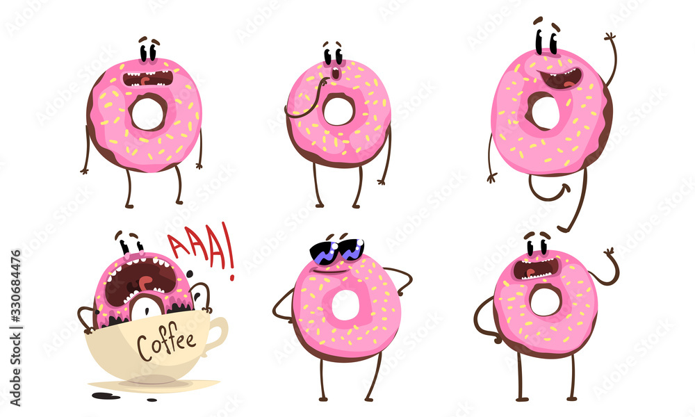 Glazed Donuts Cartoon Characters Collection, Funny Humanized Doughnuts ...