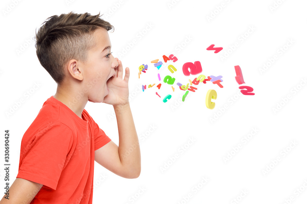 Young boy in bright red T-shirt shouting out alphabet letters. Speech ...