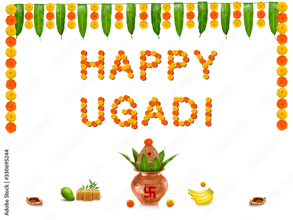 Happy Ugadi Greeting Card Background With Decorated Kalash and mangoes ...