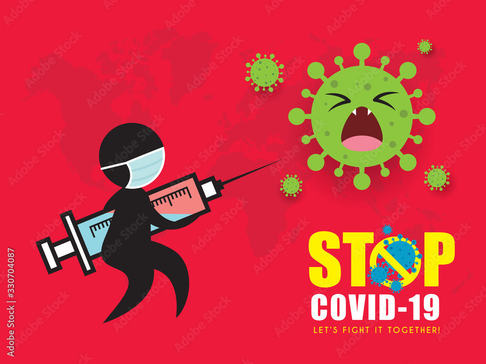 Stick figure man in medical face mask holding syringe fighting ...