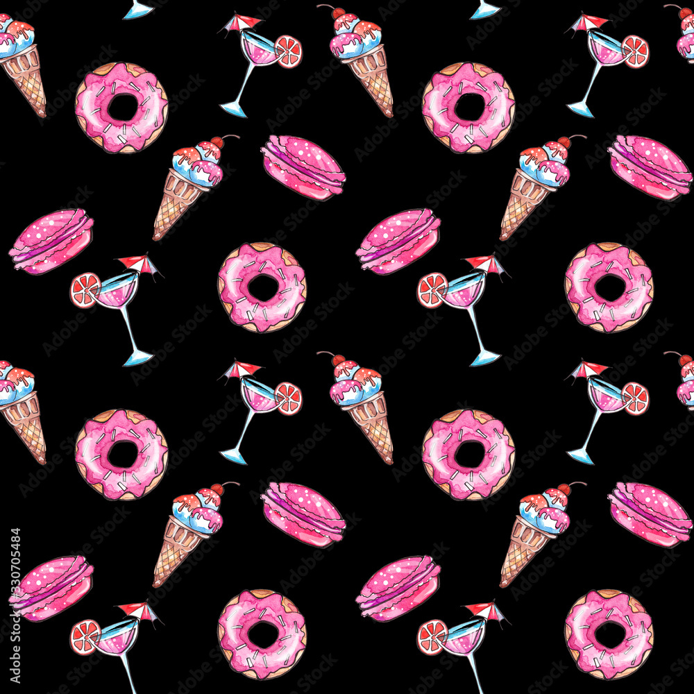 Cute Seamless Pattern with Sweet Food and Cocktails on Black Background ...