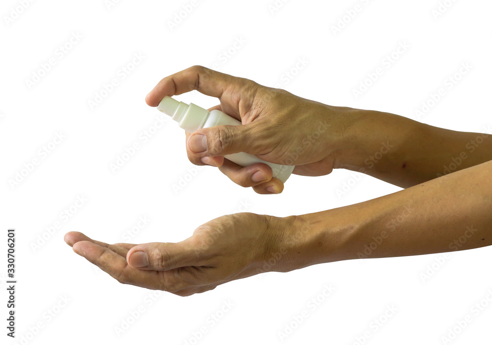 Spray a hand sanitizing spray. Disinfectant spray handle on isolate ...