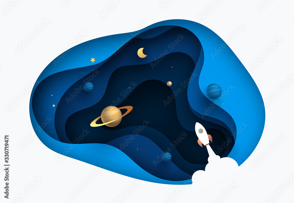Paper art style of rocket flying in space, start up concept, flat-style ...