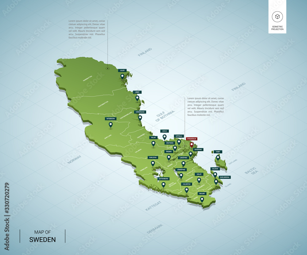 Stylized map of Sweden. Isometric 3D green map with cities, borders ...