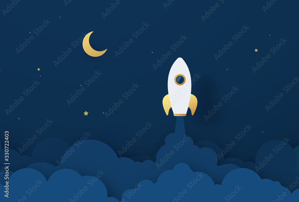 Rocket launch to the Moon. Cute space background with stars, moon ...