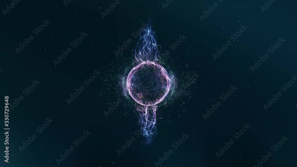 Futuristic orb with energy flow. Round sphere with particles flowing as ...