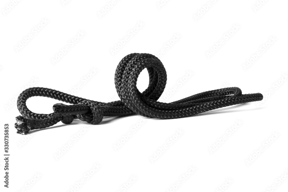 Equipment for rhythmic gymnastics. Black rope in the shape of a loop ...