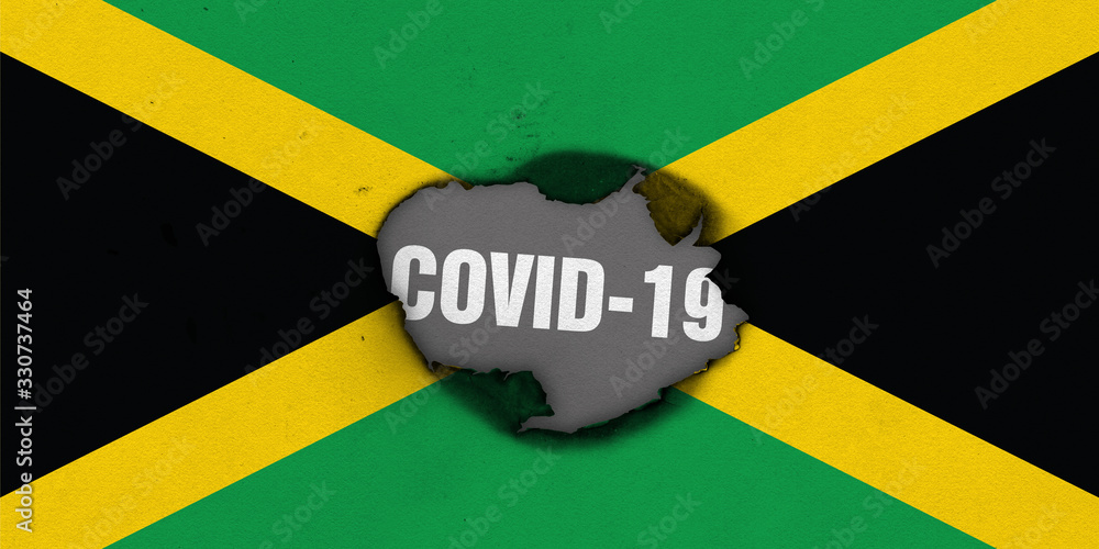 Flag of Jamaica with burned out hole showing Coronavirus name in it ...