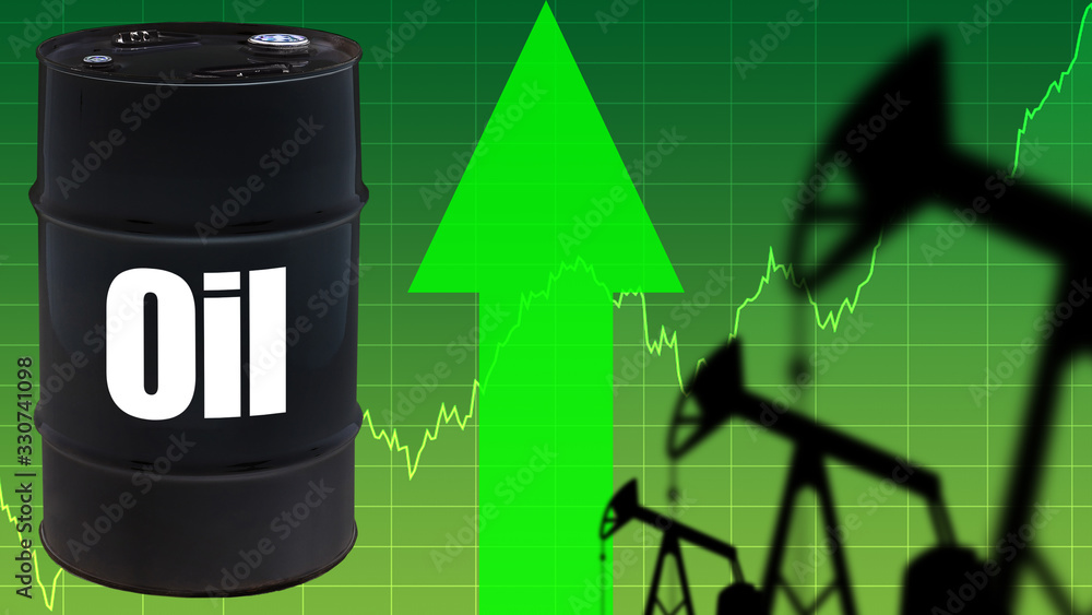 Growth in the oil market. Oil rigs, oil barrel and up arrow. Growing ...