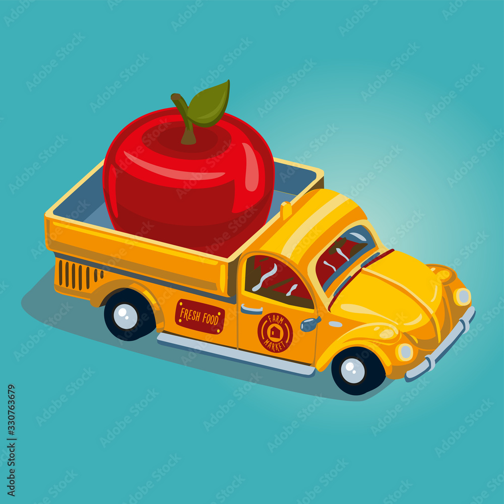 Food delivery concept. Retro pickup car with fruit. Farm lorry car ...