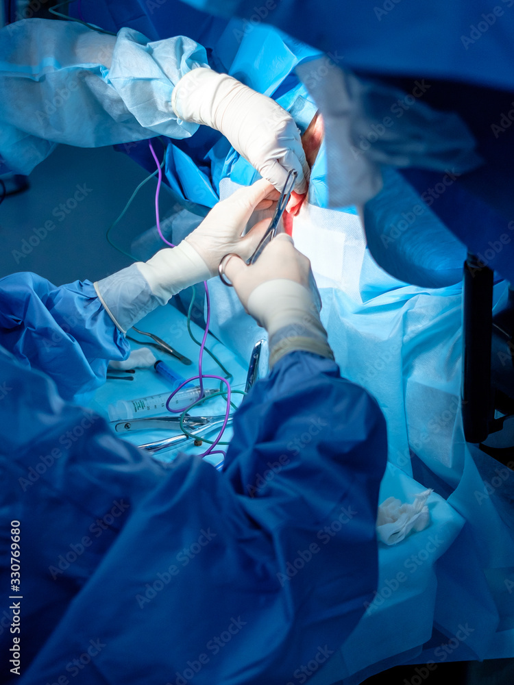 Bloodied hands of surgeons in sterile latex gloves with surgical ...