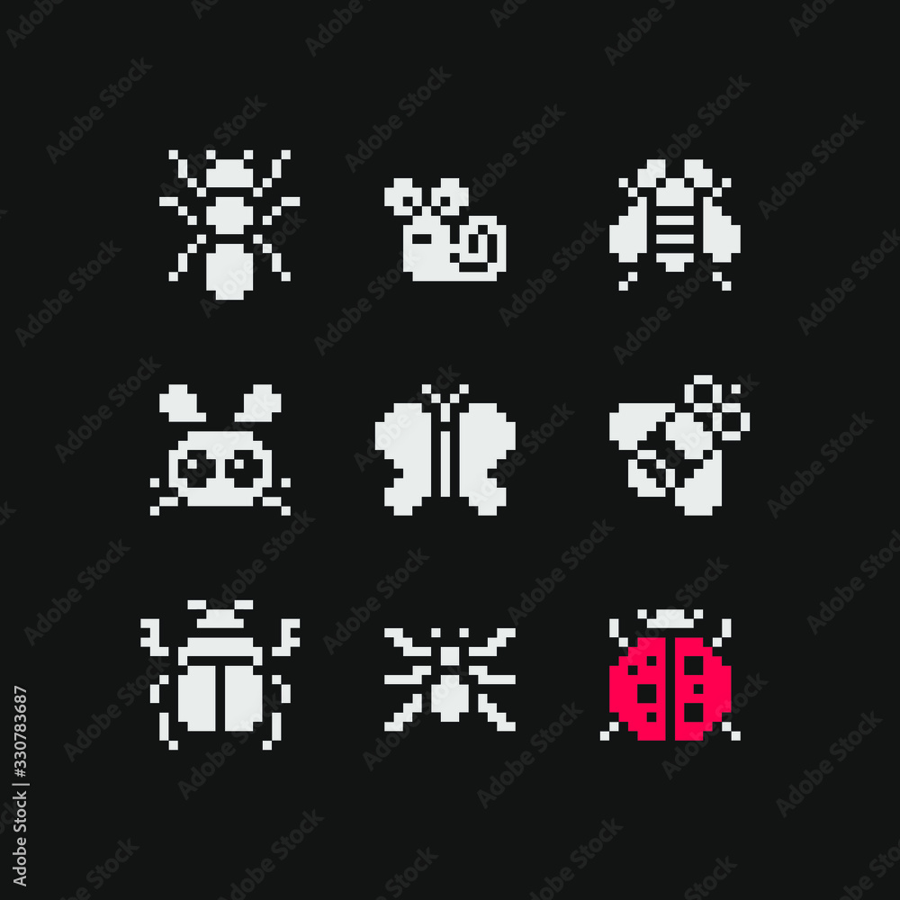 Insects pixel art icon set spider, bee, bag, butterfly, fly, snail ...