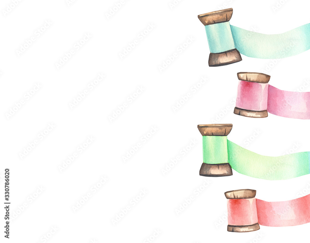 Watercolor border/ frame with the silk ribbon in a spool. Sewing frame ...