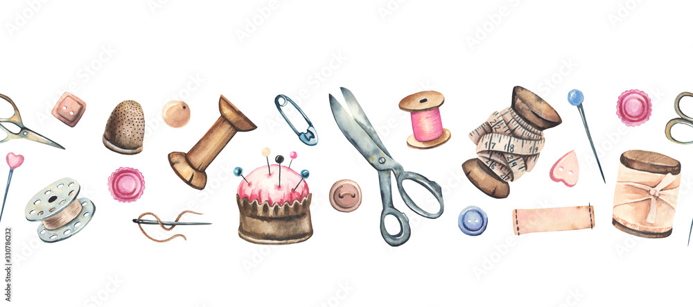 Watercolor sewing seamless border, frame on white background. Vintage ...